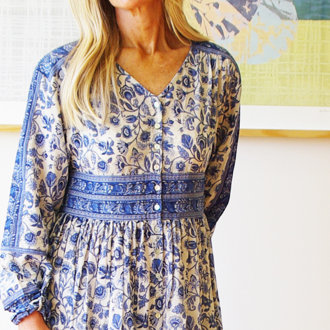 Blue Block Printed Dress (Ruby) Voile - who's Charlie Australia
